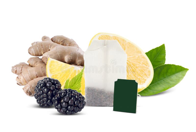 Tea Bag with Different Healthy Ingredients on White Background Stock ...