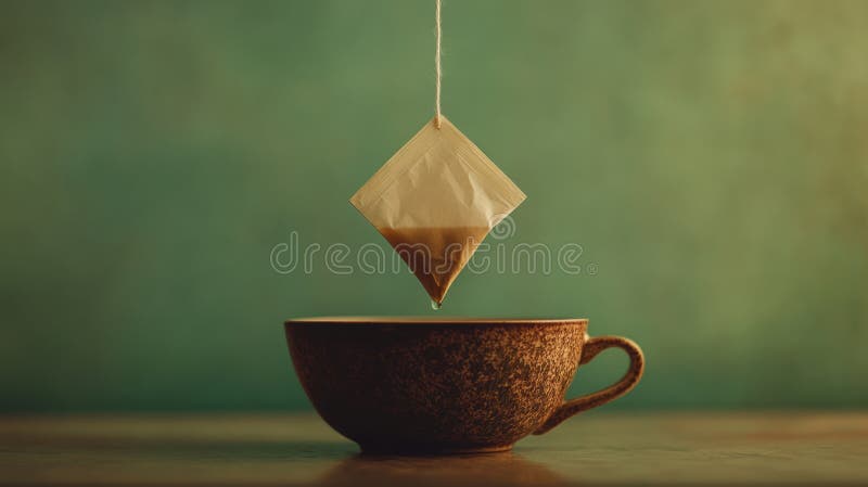 A Tea Bag Hangs Over a Rustic Cup, Gradually Infusing the Water with ...