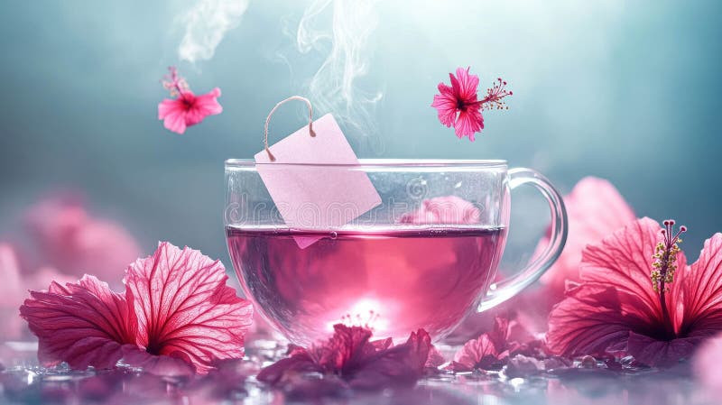 Tea Bag with String Floating in Clear Cup of Hibiscus Tea and Flowers ...
