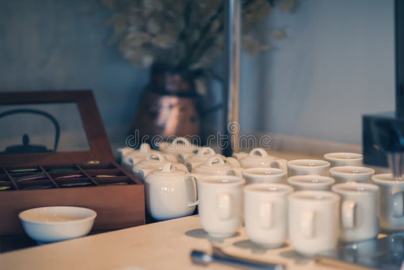 Tea Bags Teapots and Cups in the Restaurant on the Table Stock Photo ...