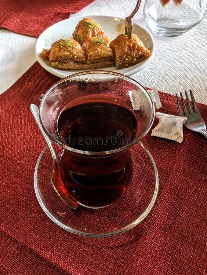 A Tea and Baklava in a Turkish Restaurant Stock Photo - Image of slice ...