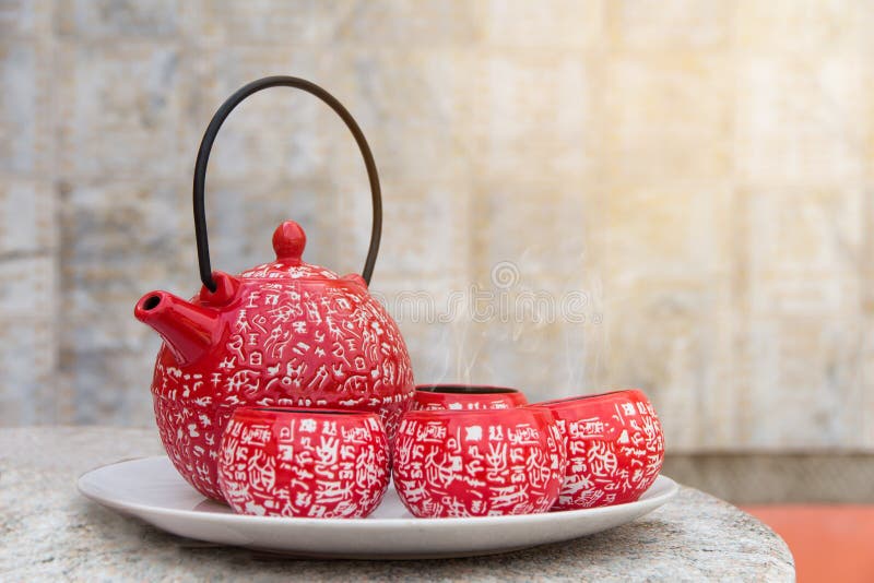 Theâ€‹ Tea Brake Set,Red Cups of Hot Tea on the Wood Table Stock Photo ...
