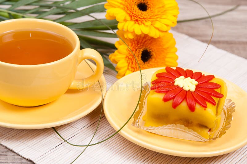 Tea with cake and flowers stock image. Image of dessert - 24465731