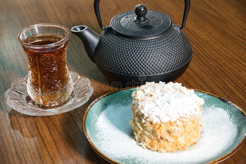 Tea and Cake on Wooden Table Stock Image - Image of sweet, teacup ...