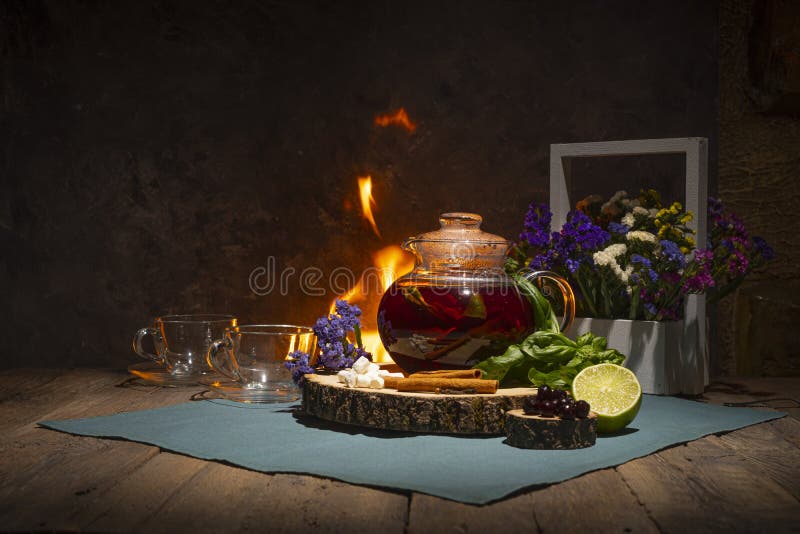 Tea Ceremony Against the Fire Stock Image - Image of drink, lemon ...