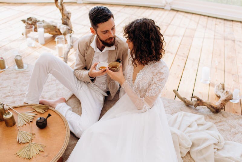 Tea Ceremony at a Boho Wedding. Bride and Groom in Boho. Stock Image ...