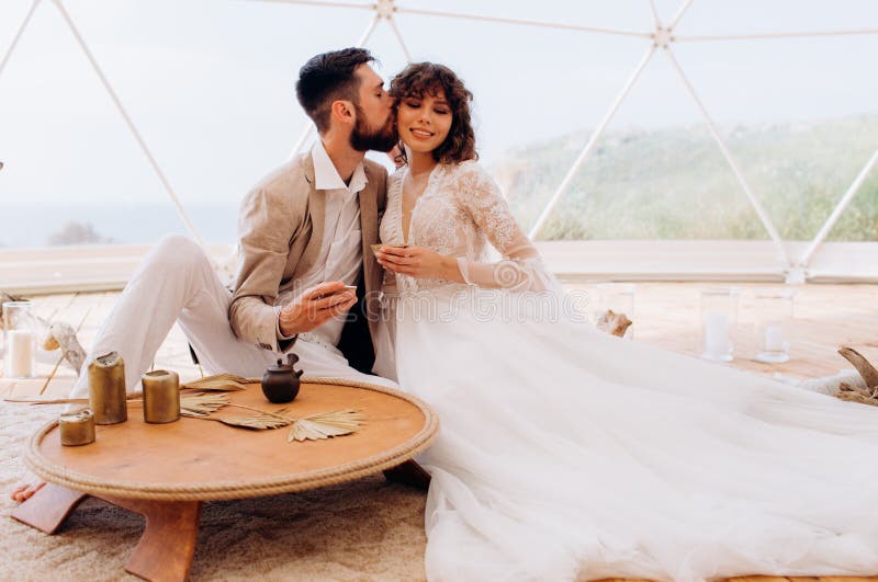 Tea Ceremony at a Boho Wedding. Bride and Groom in Boho. Stock Image ...