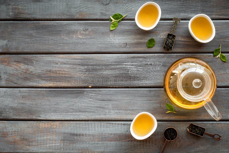 Tea Ceremony Concept. Hot and Dry Tea in Teapot and Cups, Top View ...