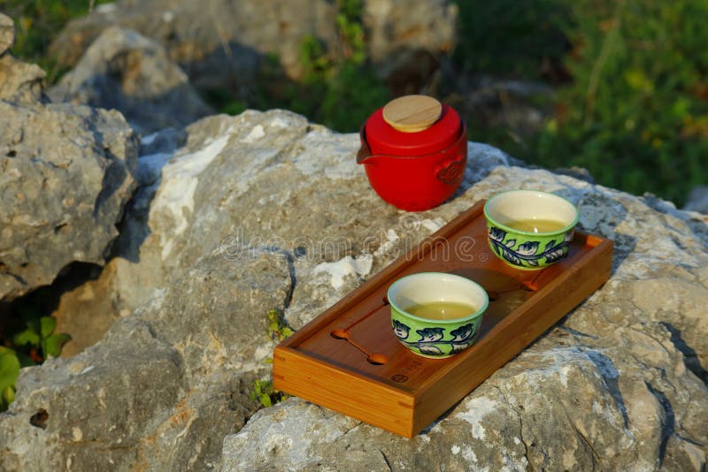 Tea Ceremony in the Nature. Tea Table and Caps Stock Image - Image of ...