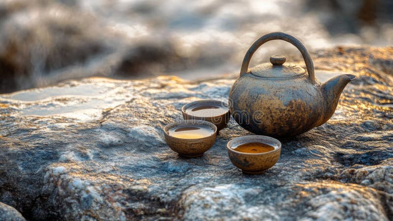 Tea Ceremony by the Ocean Rocks Sunset Glow Stock Illustration ...