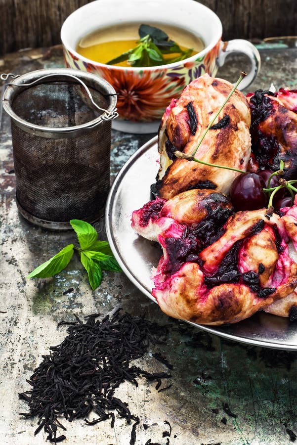 Tea with cherry pie stock image. Image of baked, breakfast - 56517075