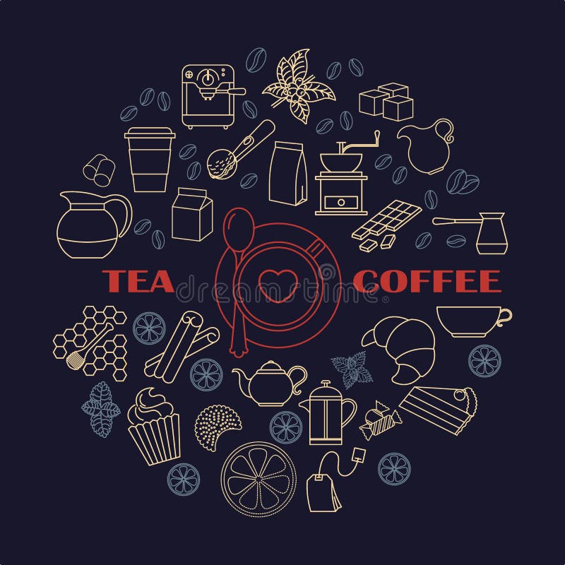 Tea and Coffe Icons Round Composition Stock Vector - Illustration of ...