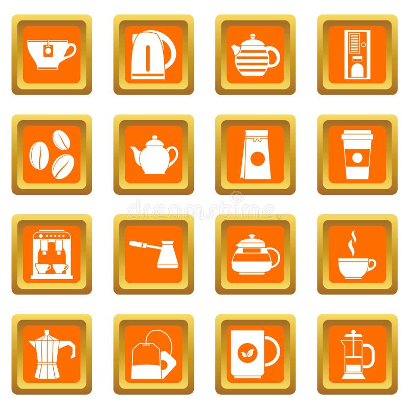 Tea and Coffee Icons Set Orange Stock Vector - Illustration of break ...