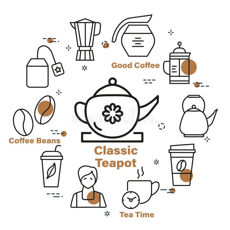 Tea and Coffee Minimalistic Circle Design. Isolated Linear Icons ...