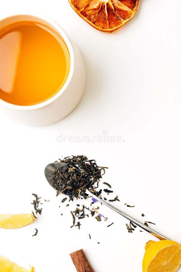 Tea Composition Teapot and Teacup with Tea Bags on White Table. Flat ...