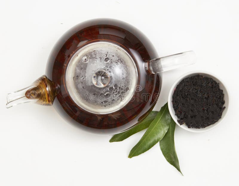 Tea Concept,Teapot and Cup of Tea with Green Leaves, Top View Stock ...