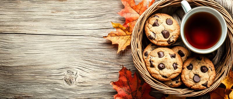 Tea and Cookies with Fall Foliage on a Wooden Table. Stock Photo ...