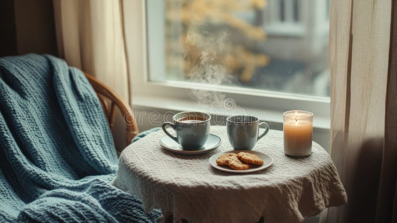 Tea Couple and Cookies on Table in a Winter Setting, Peaceful Holiday ...