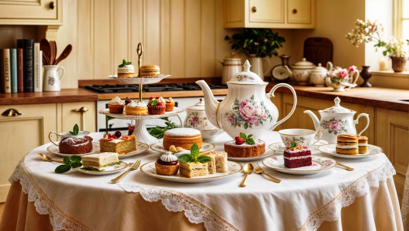 Tea in a Cozy Kitchen with a Porcelain Set with a Large Assortment of ...