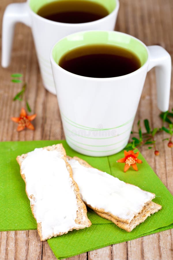 Tea and Crackers with Cream Cheese Stock Photo - Image of drink ...