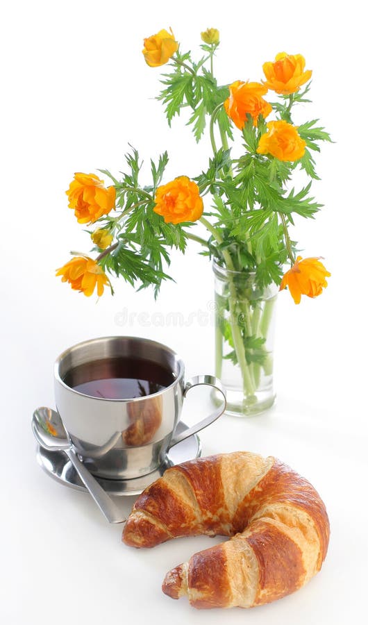 Tea with Croissant and Globeflowers Stock Photo - Image of decoration ...