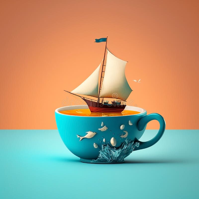 Tea in Cup with a Boat in it Blue Background 2 Stock Illustration ...