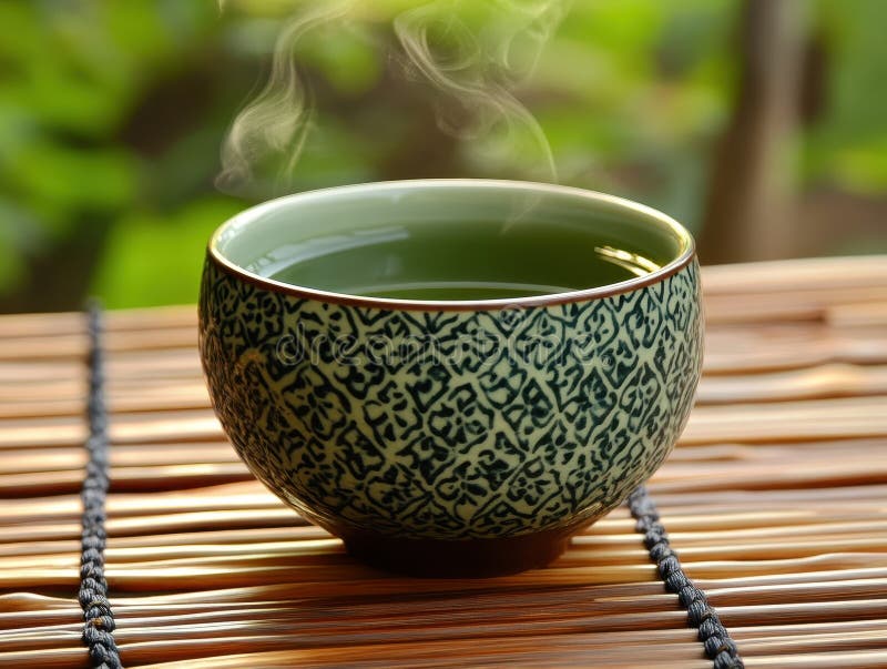 Tea Cup, Ceramic Texture, Delicate Floral Pattern, Green Tea with Steam ...