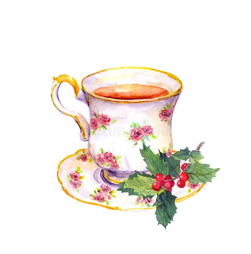 Tea Cup with Christmas Mistletoe. Watercolor Stock Image - Image of ...