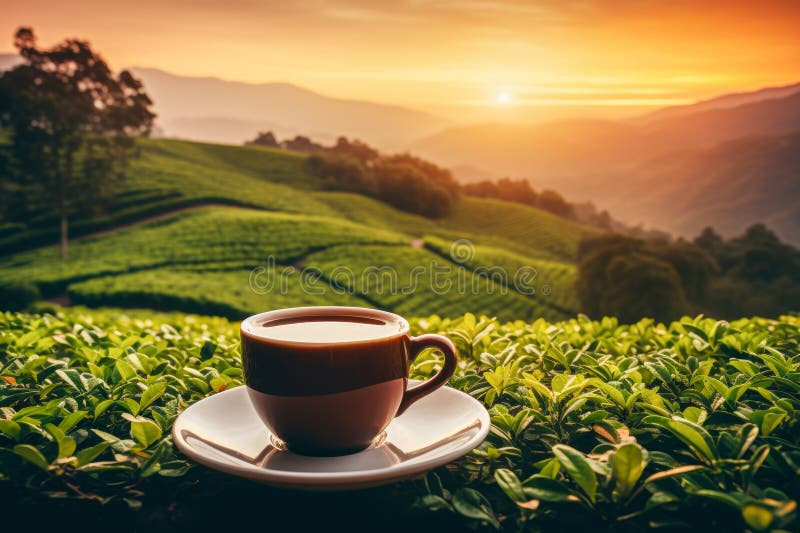 Tea Cup and Tea Leaf on Tea Plantation at Sunrise Time. Stock Photo ...