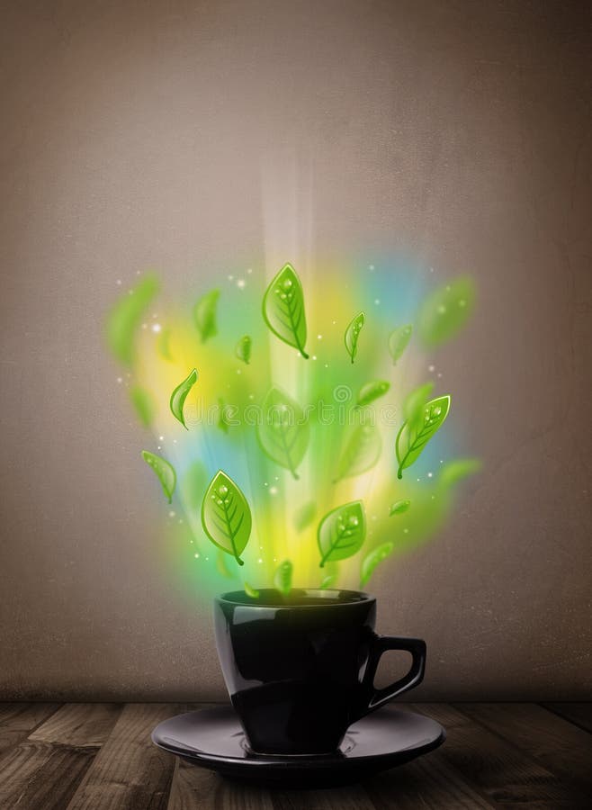 Tea Cup with Leaves and Colorful Abstract Lights Stock Photo - Image of ...