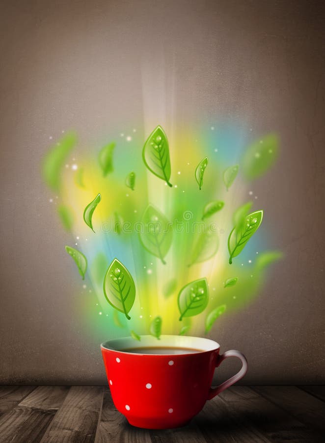 Tea Cup with Leaves and Colorful Abstract Lights Stock Image - Image of ...