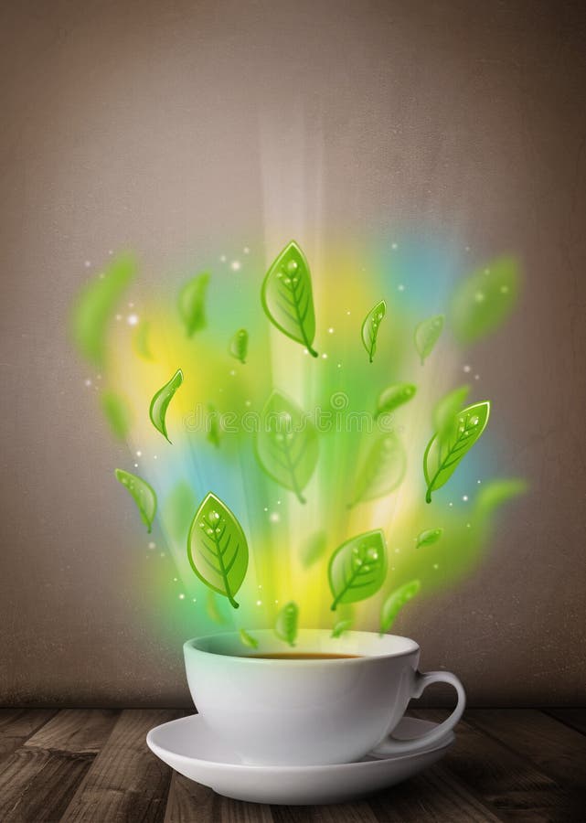 Tea Cup with Leaves and Colorful Abstract Lights Stock Photo - Image of ...