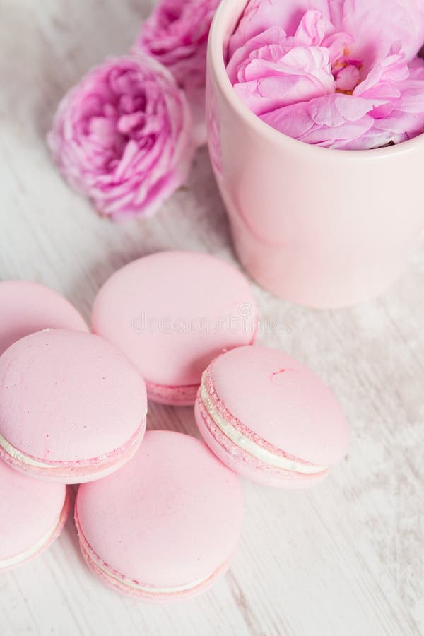 Tea Cup with Rose and Pink Macaroons Stock Image - Image of macarons ...