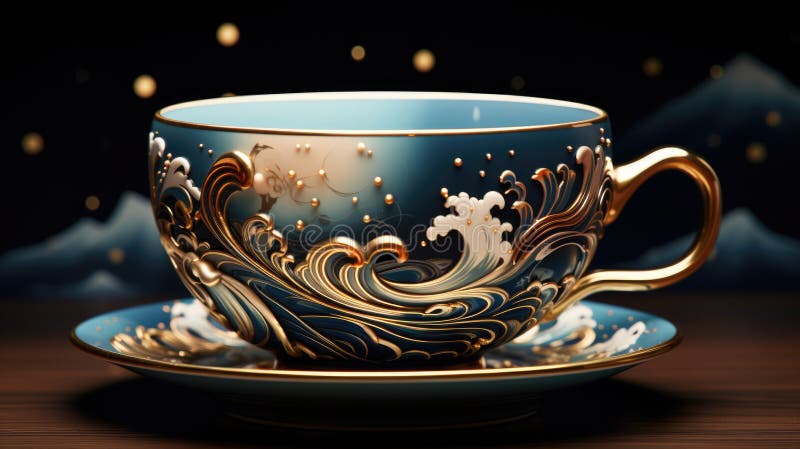A Tea Cup and Saucer with Storm, Waves and Sea Design on it. Stock ...