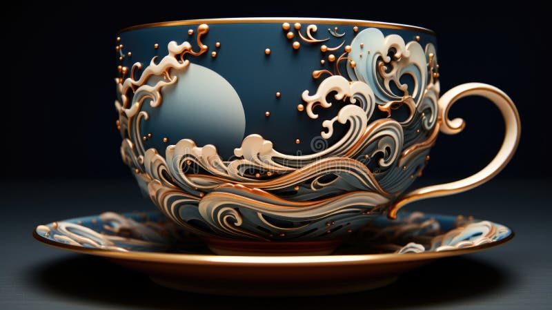 A Tea Cup and Saucer with Storm, Waves and Sea Design on it. Stock ...