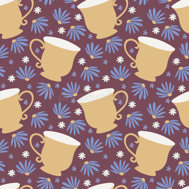 Tea Cup Seamless Pattern. Brownish Purple Background with Yellow Tea ...