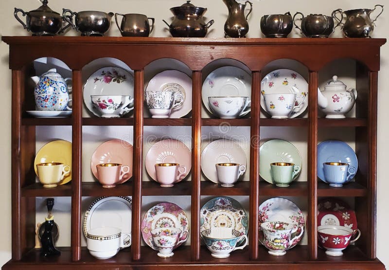 Tea Cup Shelf Display of Collection Stock Image - Image of antique ...