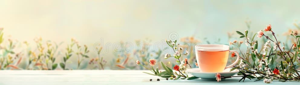 Tea Cup with Wildflowers on Table Stock Illustration - Illustration of ...