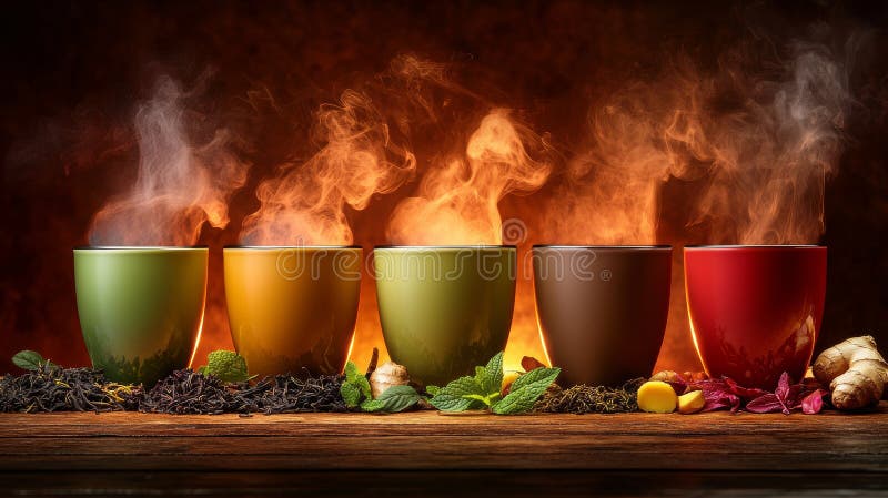 Tea Cups with Distinctive Types of Leaves Emit Steam from Their Tops ...