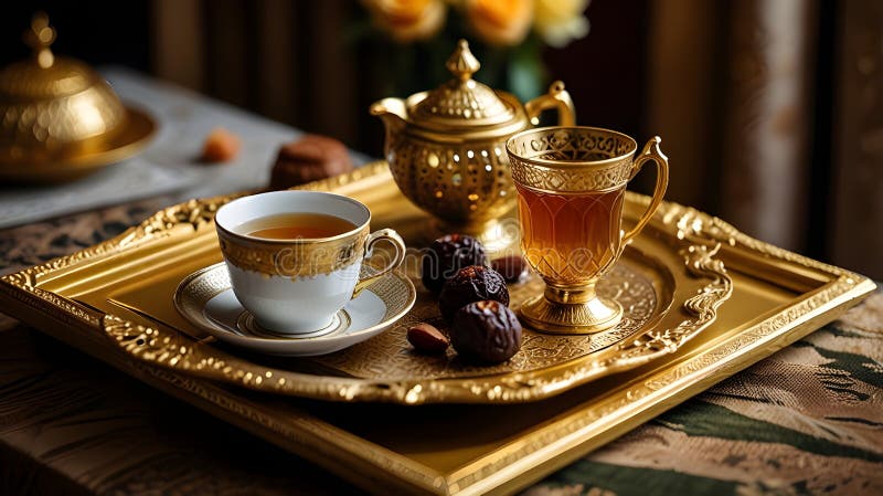 Tea and Date Setup on a Luxurious Golden Tray with Eid Celebration ...