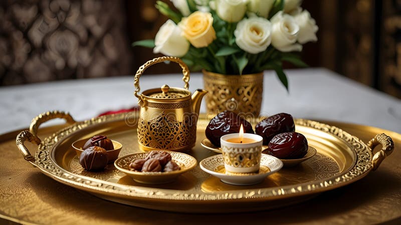 Tea and Date Setup on a Luxurious Golden Tray with Eid Celebration ...