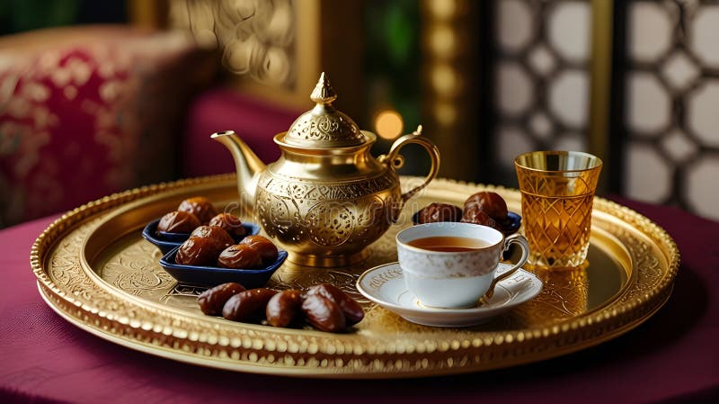 Tea and Date Setup on a Luxurious Golden Tray with Eid Celebration ...