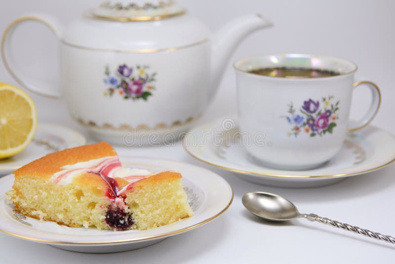 Tea drinking with cake stock photo. Image of bite, lemon - 47587954