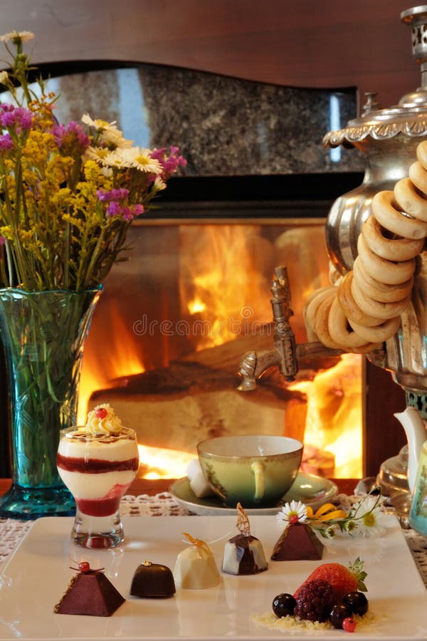 Tea Drinking at a Fireplace Stock Image - Image of domestic, samovar ...