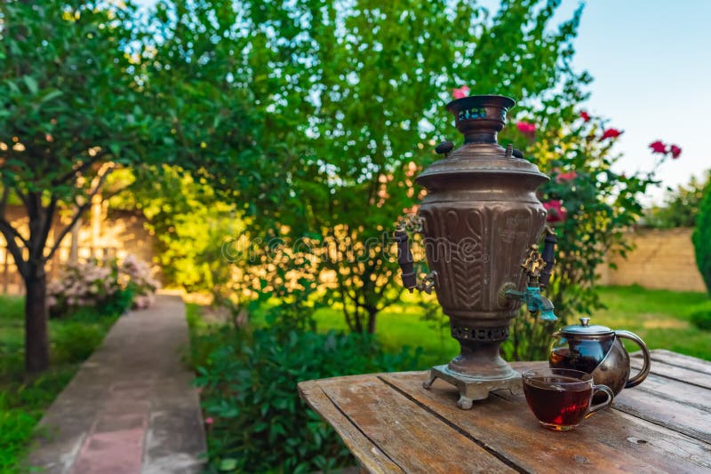 Tea Drinking from a Vintage Samovar in Garden Stock Image - Image of ...