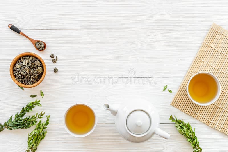 Tea Drinking with White Teapot and Two Cups with Green Leaves, Top View ...