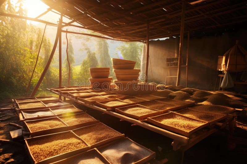 Tea Drying Process on Bamboo Trays in Sunlight Stock Illustration ...
