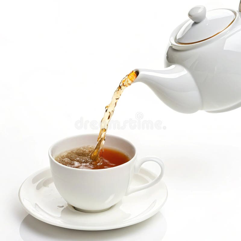Tea Falling from Teapot into Cup Isolated on White Background Stock ...
