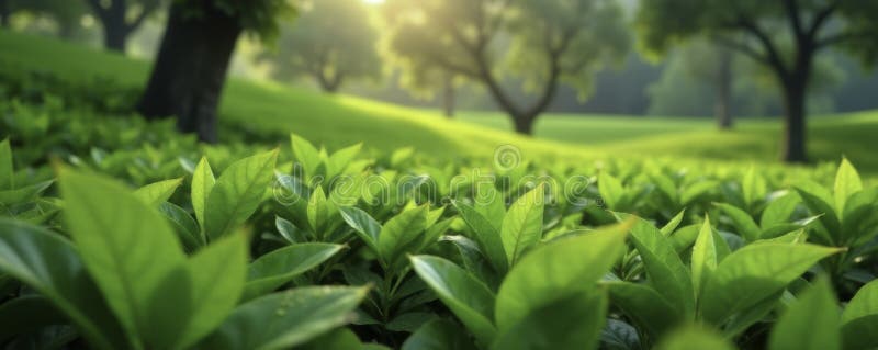 Tea Farm with Dewy Green Tea Leaves Growing on the Trees, Green ...
