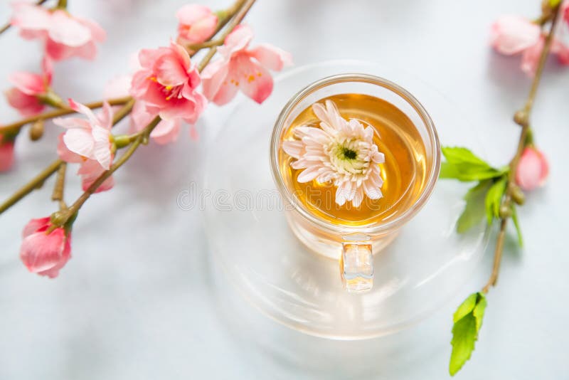 Tea with Flowering Branches on White Table. Stock Image - Image of ...